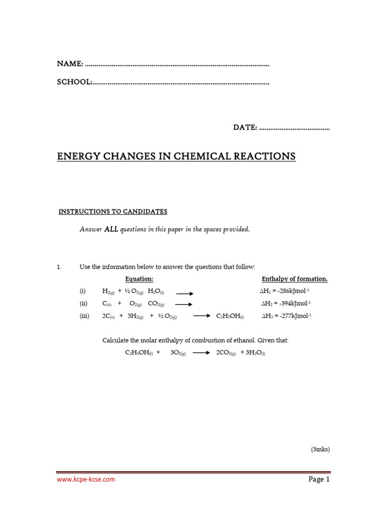 Combustion Enthalpy of Ethanol Calculations | PDF | Branches Of ...