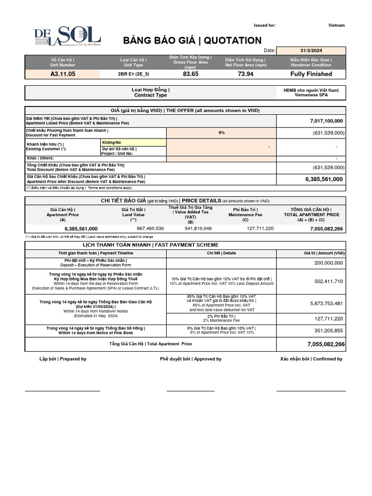 Bảng Báo Giá - Quotation: A3.11.05 83.65 73.94 Fully Finished | PDF