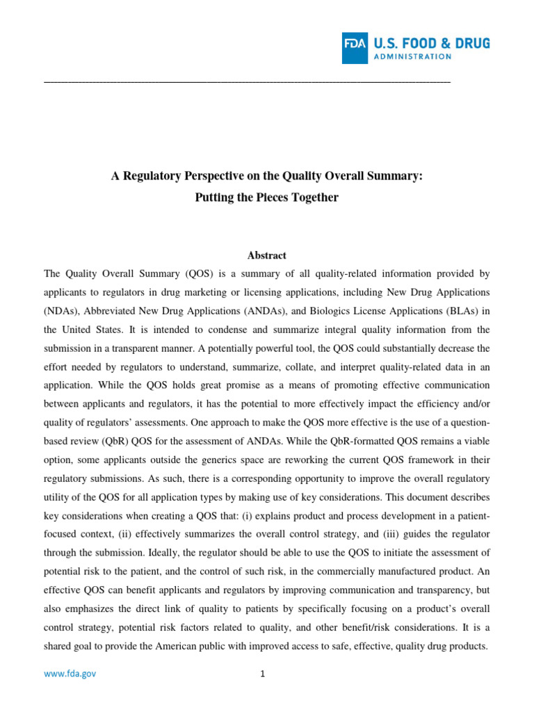 A Regulatory Perspective On The Quality Overall Summary - Putting The ...