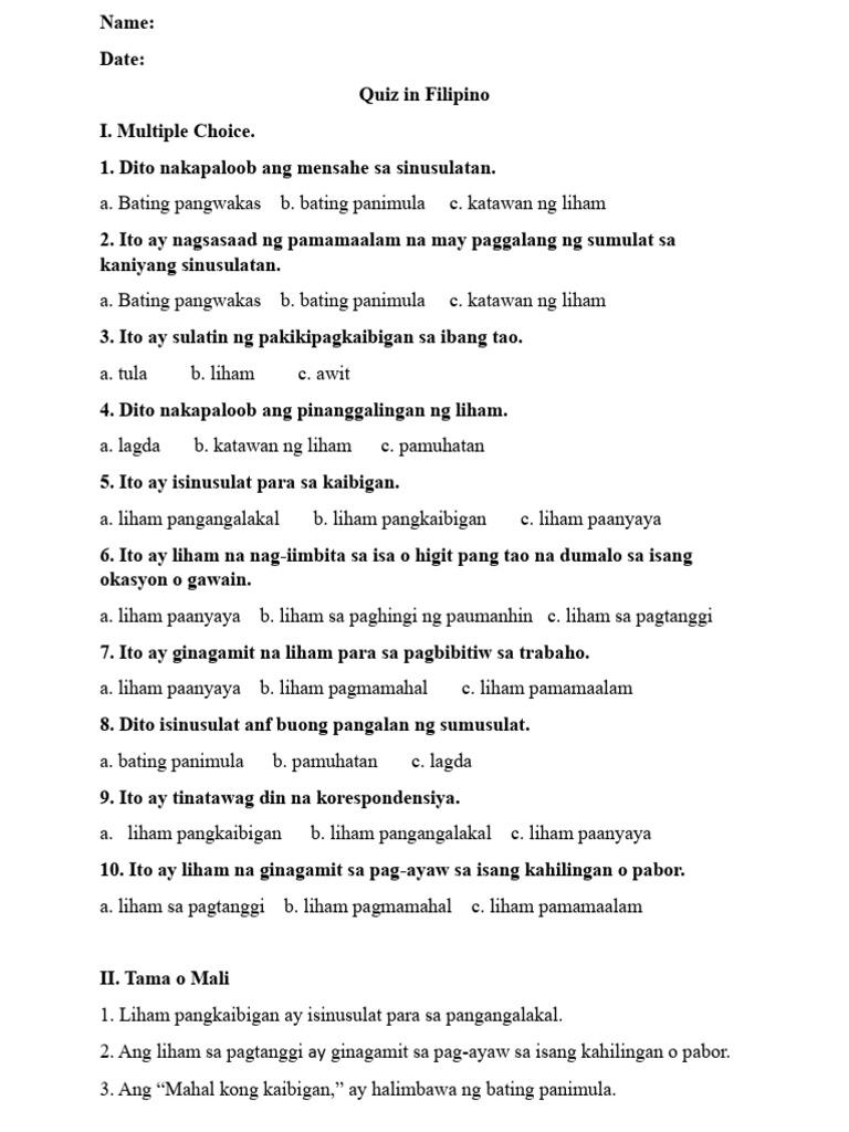 Filipino Quiz 2 | PDF