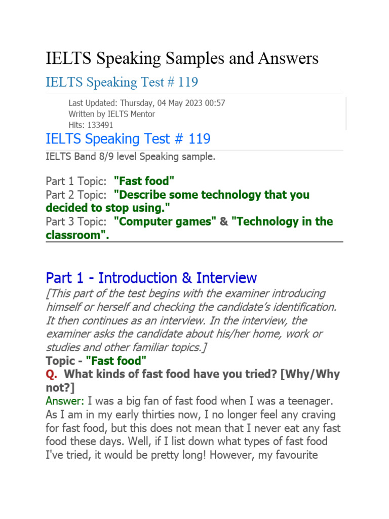 IELTS Speaking Test 119 Samples | PDF | Fast Food | Tourism