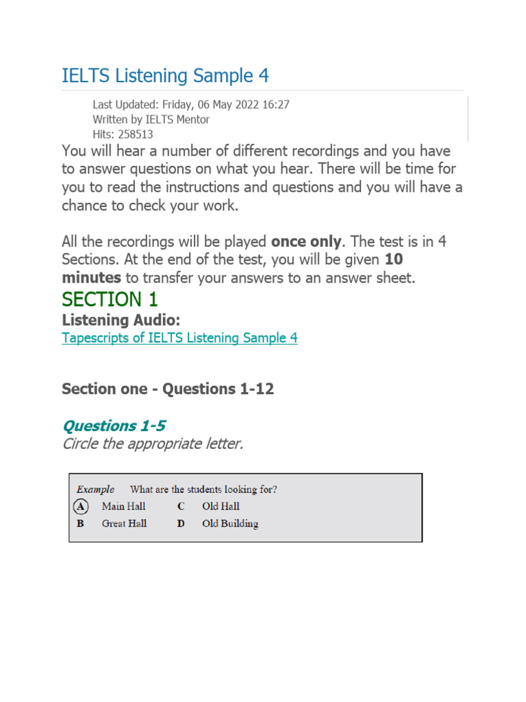 Ielts Listening Sample 4 1 Pdf International English Language