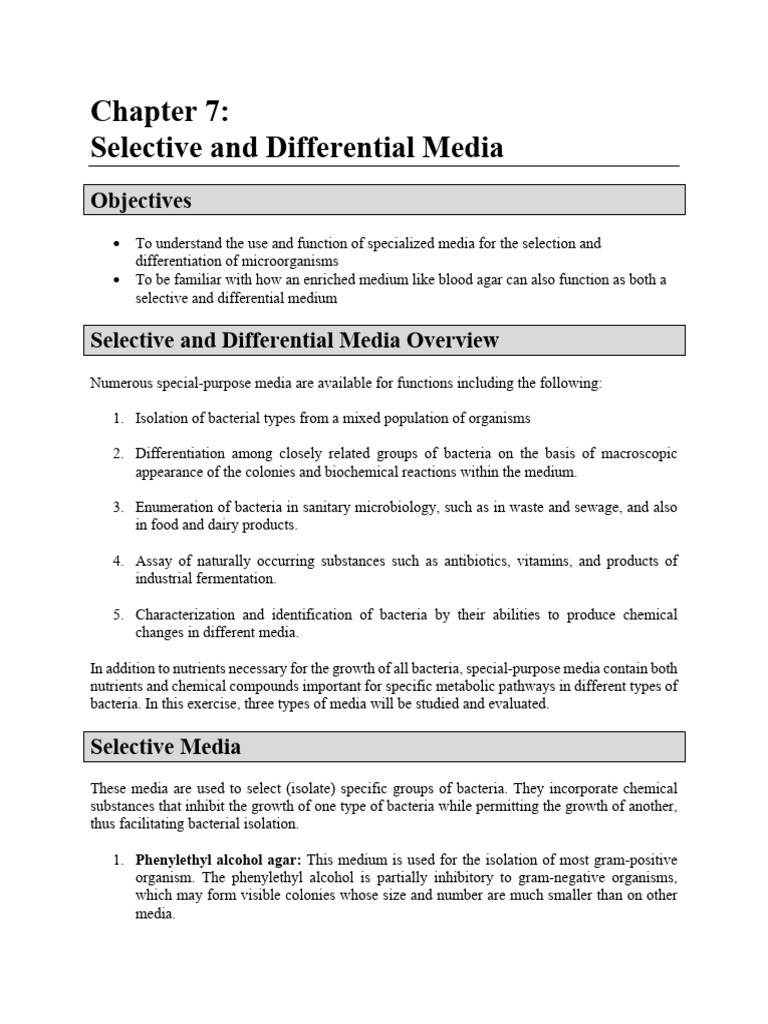 Chapter 7 Selective and Differential Media | PDF | Growth Medium | Bacteria
