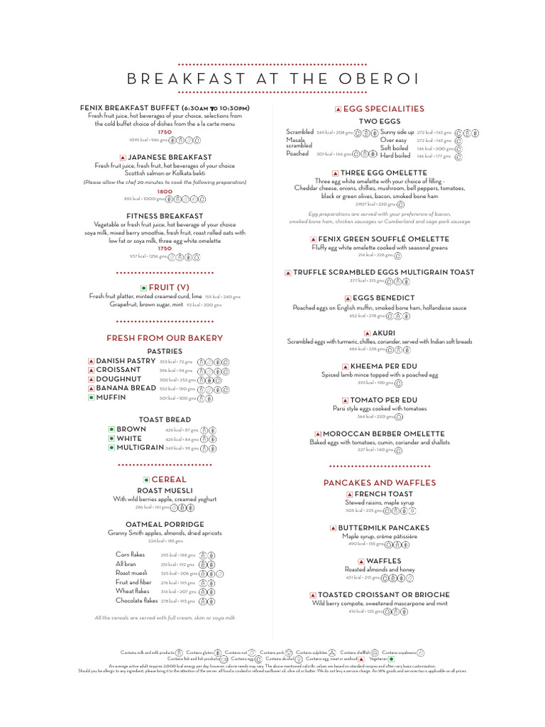 The Oberoi Mumbai Fenix - Breakfast Menu | Download Free PDF | Indian ...