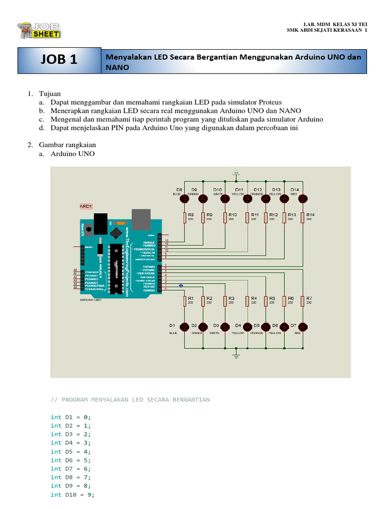 Job Sheet 1 Mdm Menyalakan Led Secara Bergantian Pdf Arduino