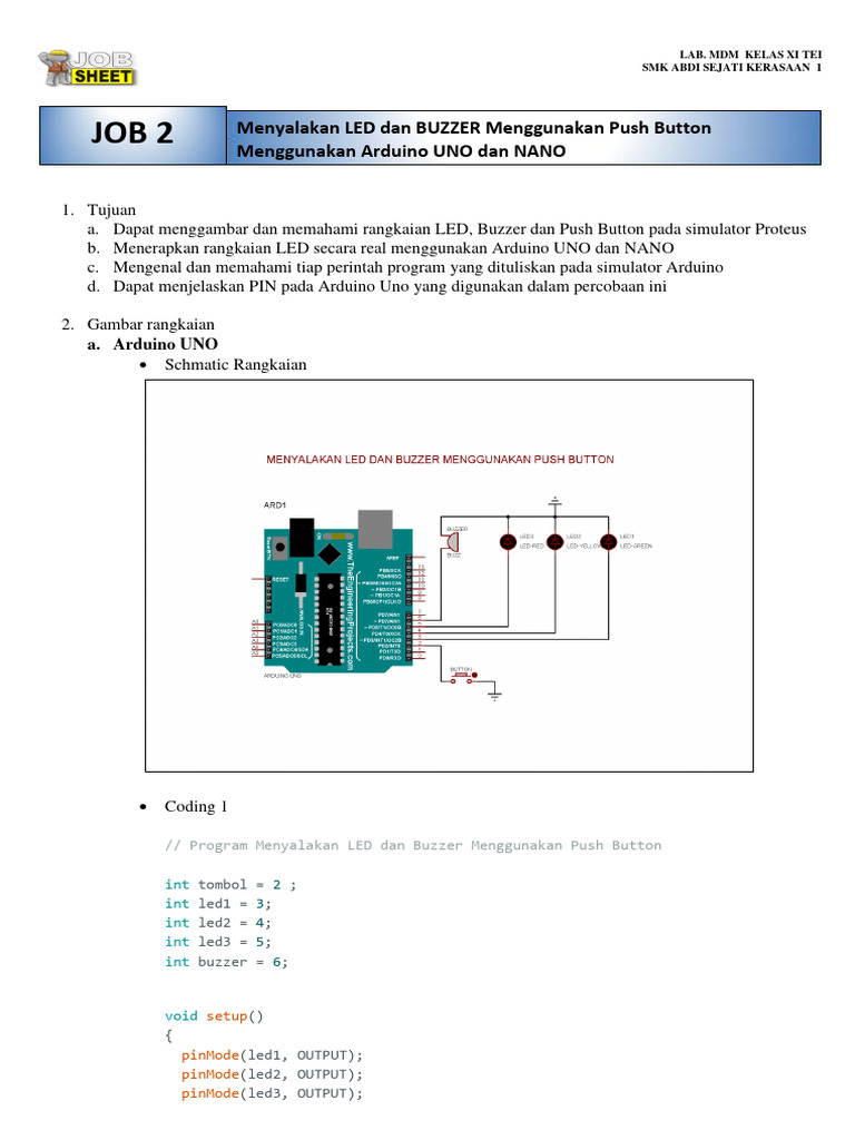 JOB SHEET 2 MDM Menyalakan LED Dan BUZZER Menggunakan PushButton | PDF