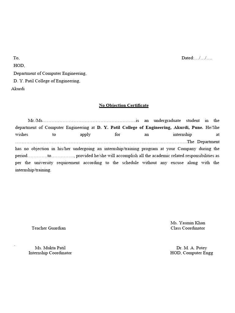 No Objection Certificate for Internship | PDF