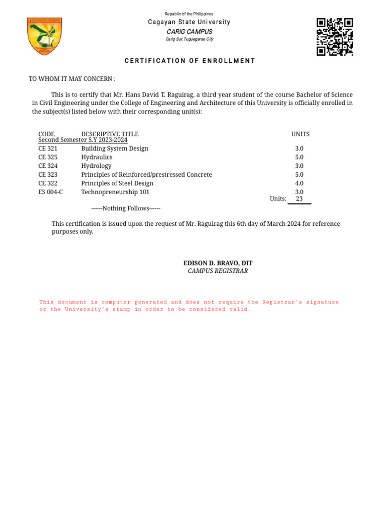 Certificate of Enrollment 3rd Year 2nd Sem | PDF