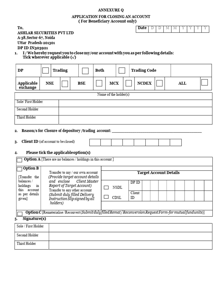 Account Closure Application Form | PDF | Financial Markets