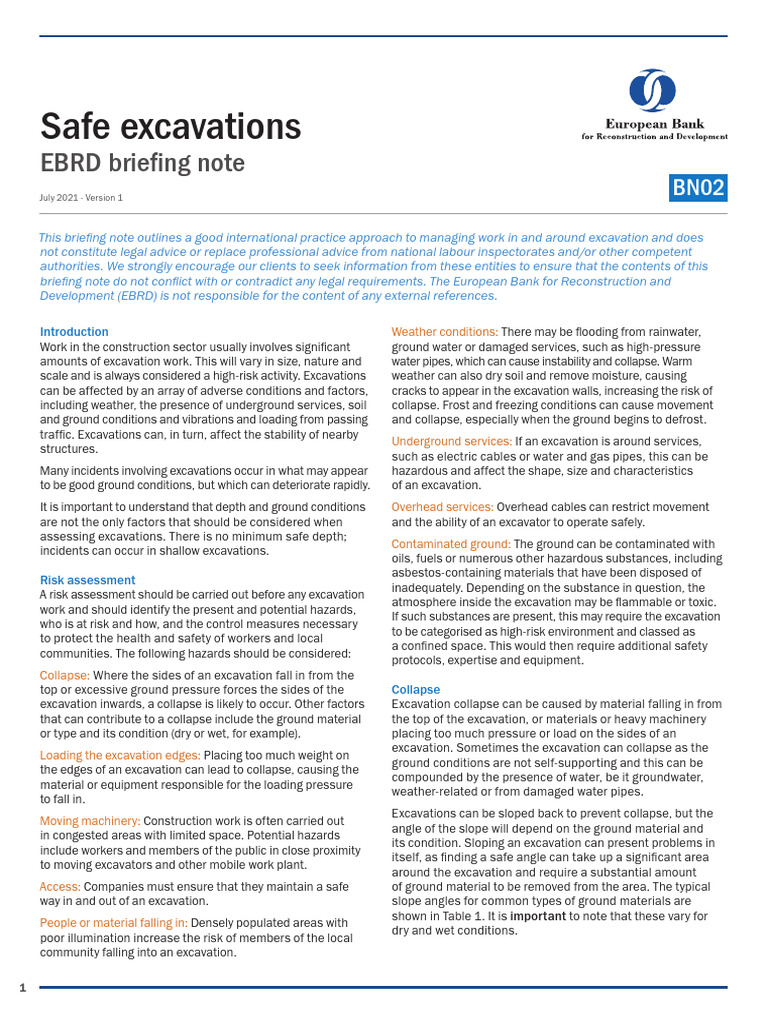 EBRD BN02 Safe Excavations | PDF | Occupational Safety And Health | European Union
