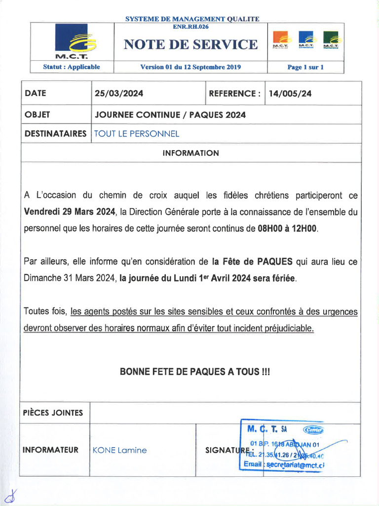 Note de Service - Journee Continue Paques 2024 | PDF