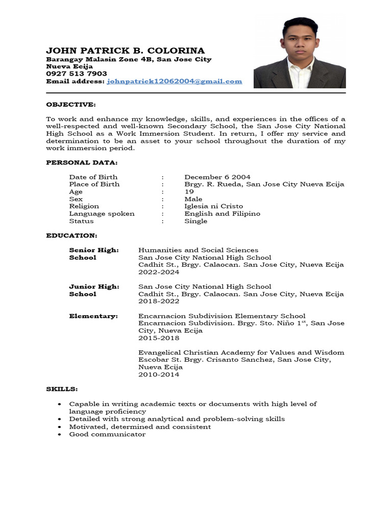 Work Immersion Resume Ni Pattttttt | PDF | Cognition