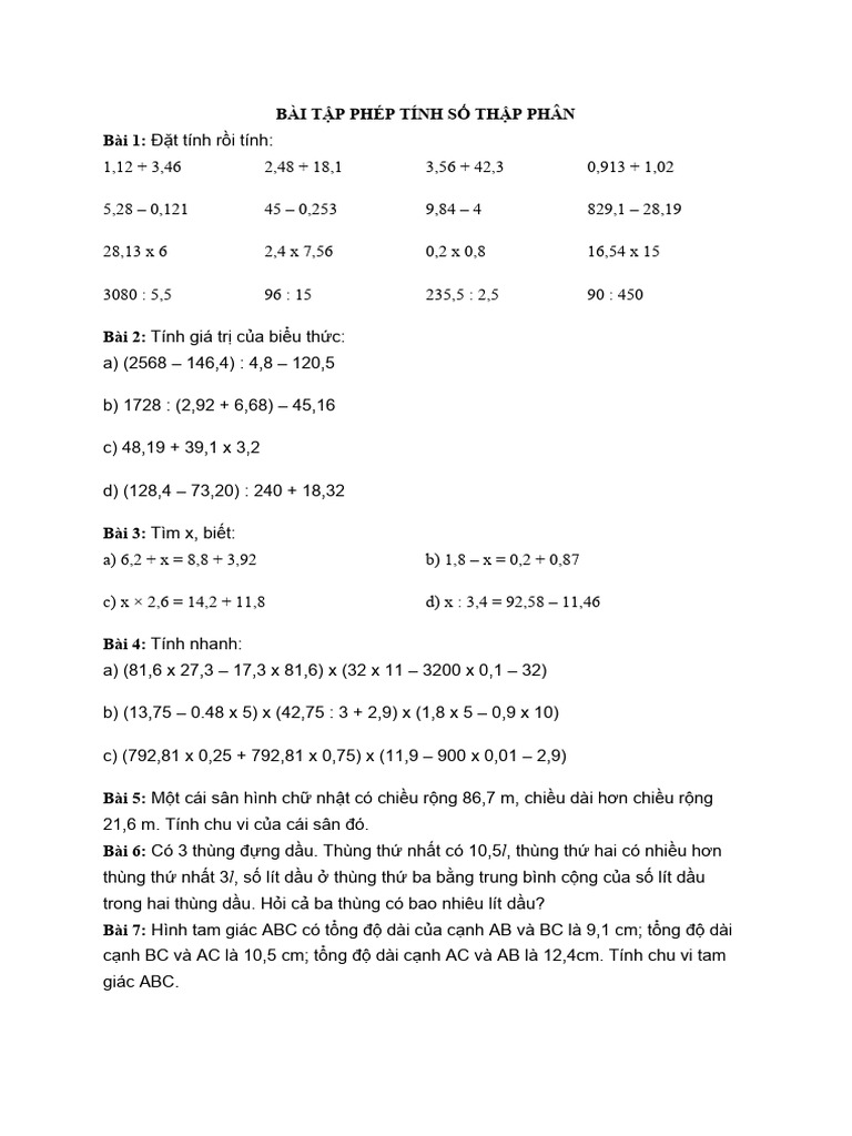 BÀI TẬP PHÉP TÍNH SỐ THẬP PHÂN 2 | PDF