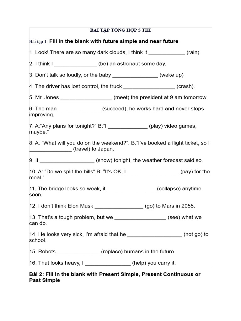 BÀI TẬP TỔNG HỢP 5 THÌ | PDF