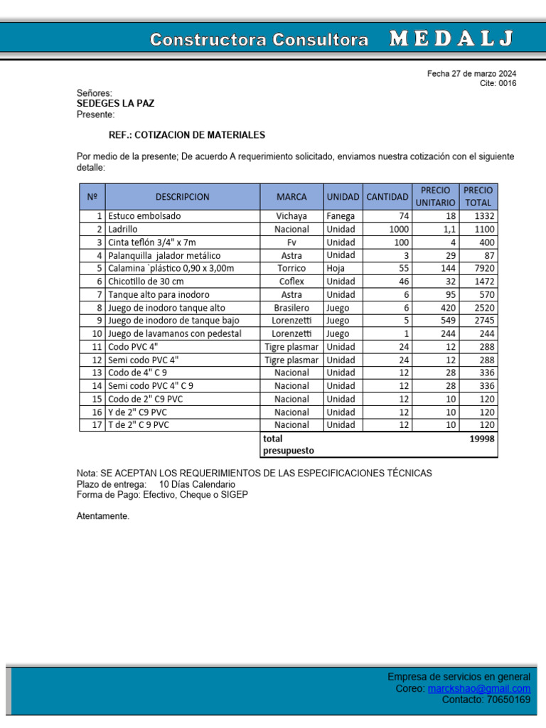 COTIZACION Materiales Word 16 | PDF