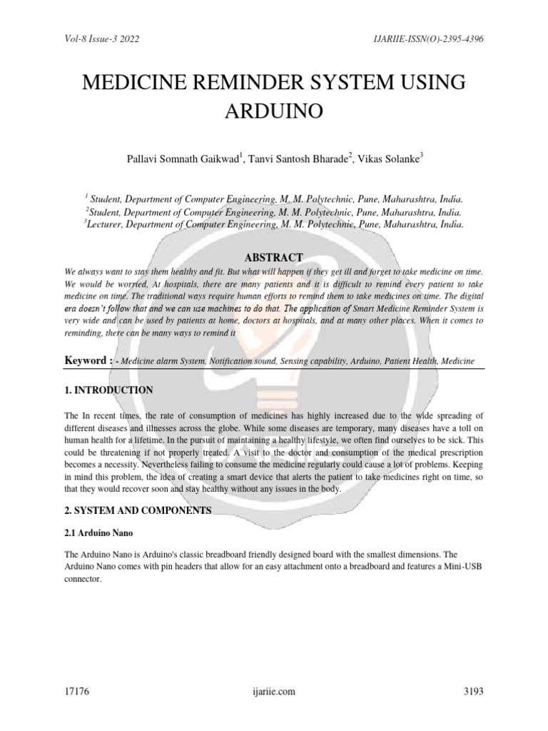 Medicine Reminder System Ijariie17176 | PDF | Resistor | Arduino