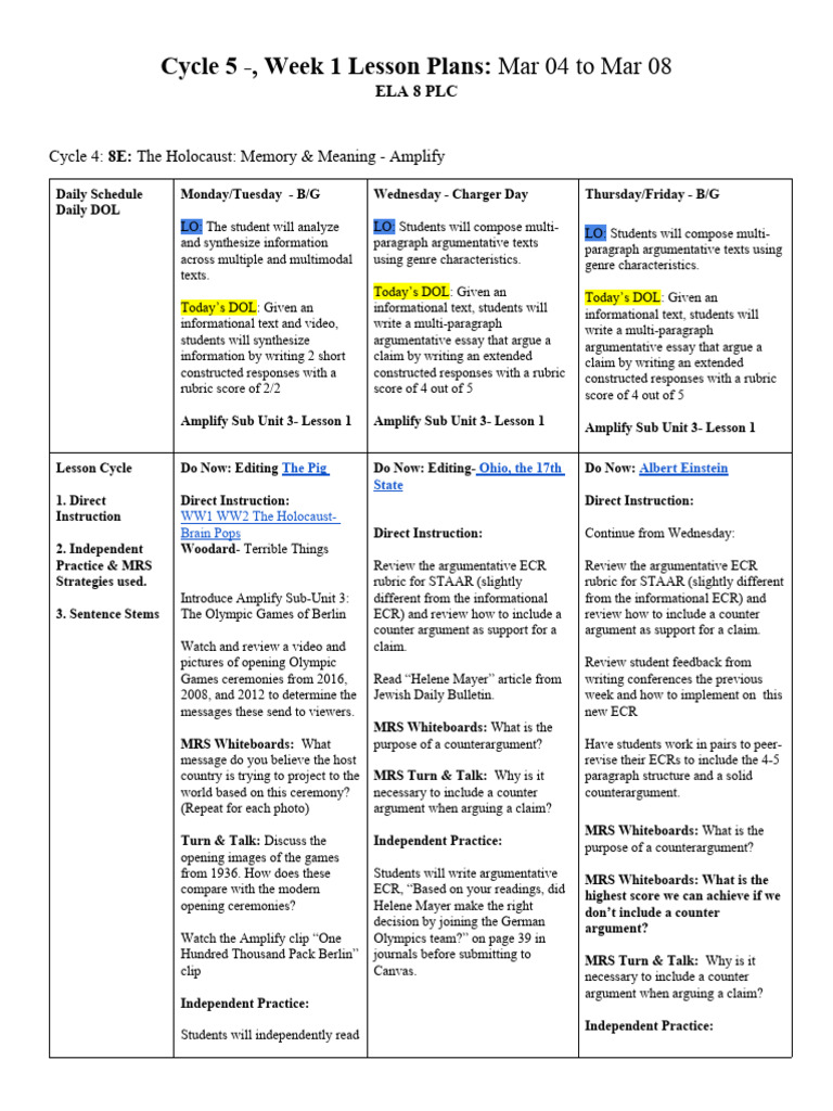8th Grade ELAR Lesson | PDF | Learning | Cognition