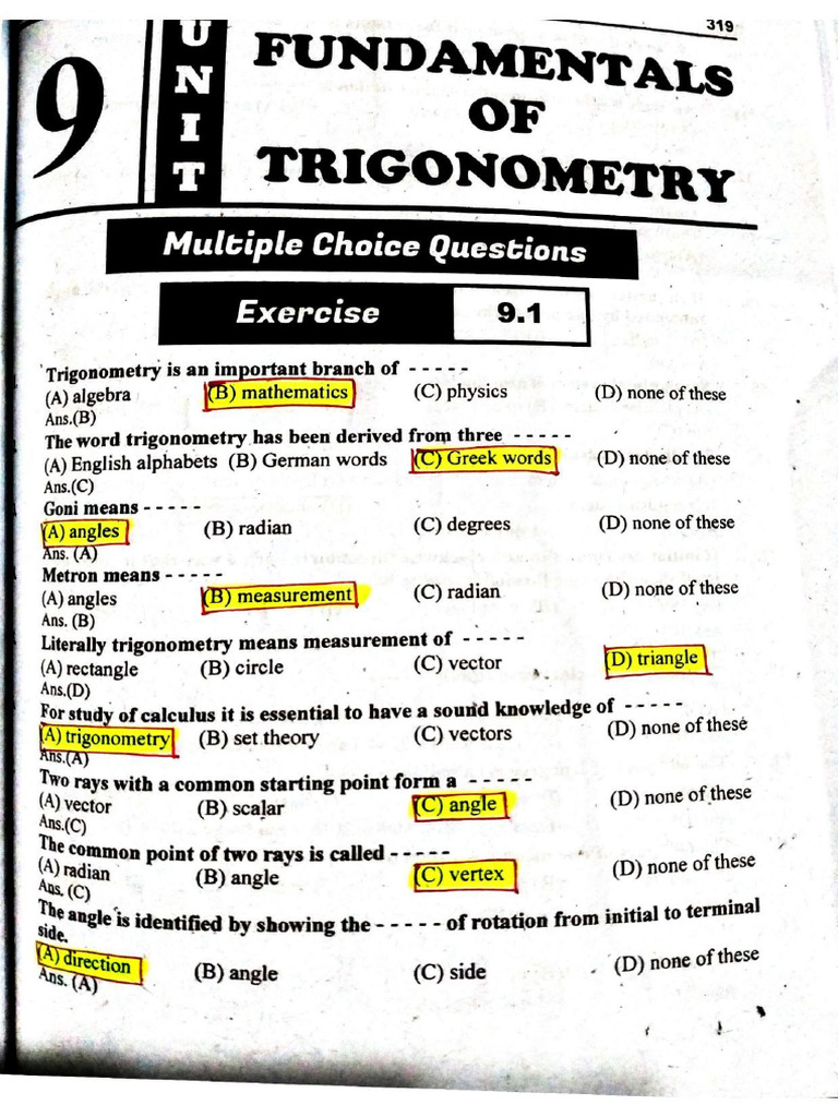 Ch#9 MCQS (Fundamentals of Trigonometry) | PDF