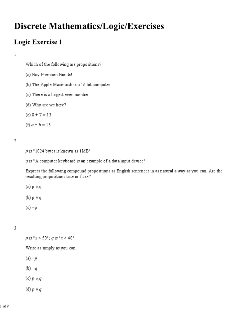 Discrete Mathematics - LOGIC - Sample Exercises - Questions | PDF | Proposition | Logic