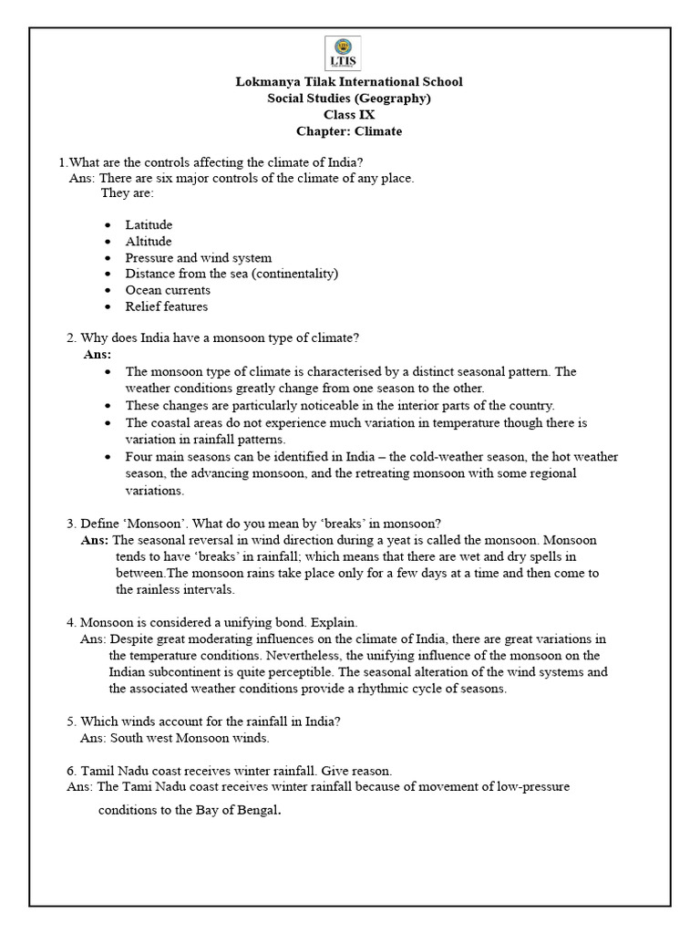 Notes of Chapter - Climate | PDF | Monsoon | Meteorology
