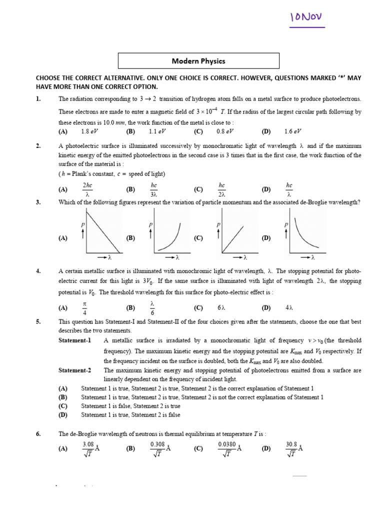 10nov - Physics Work | PDF | Photoelectric Effect | Electron