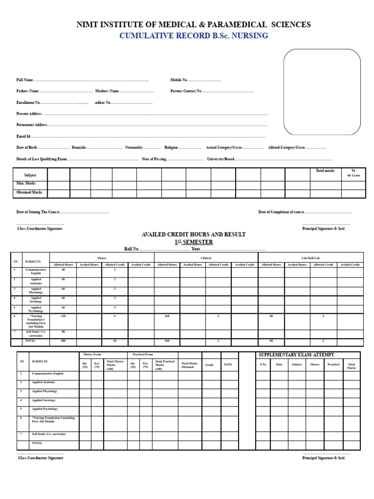 B.Sc. Semester System Cummulative Register | PDF | Nursing | Dietitian