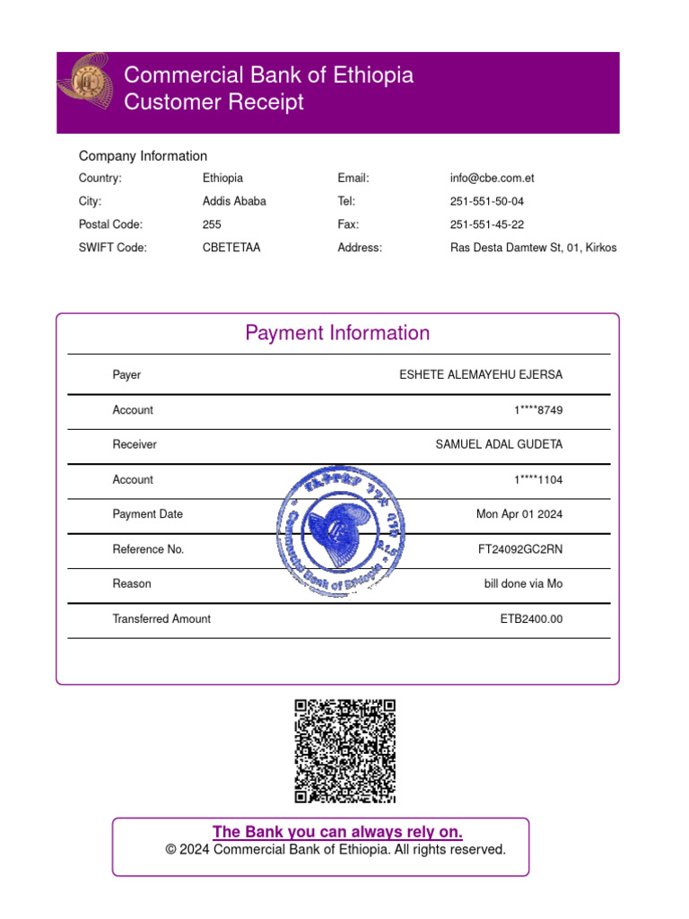 CBE Customer Receipt - Payment Details | PDF