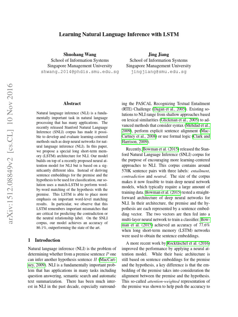 Learning Natural Language Inference With LSTM | PDF | Artificial Neural Network | Cognitive Science