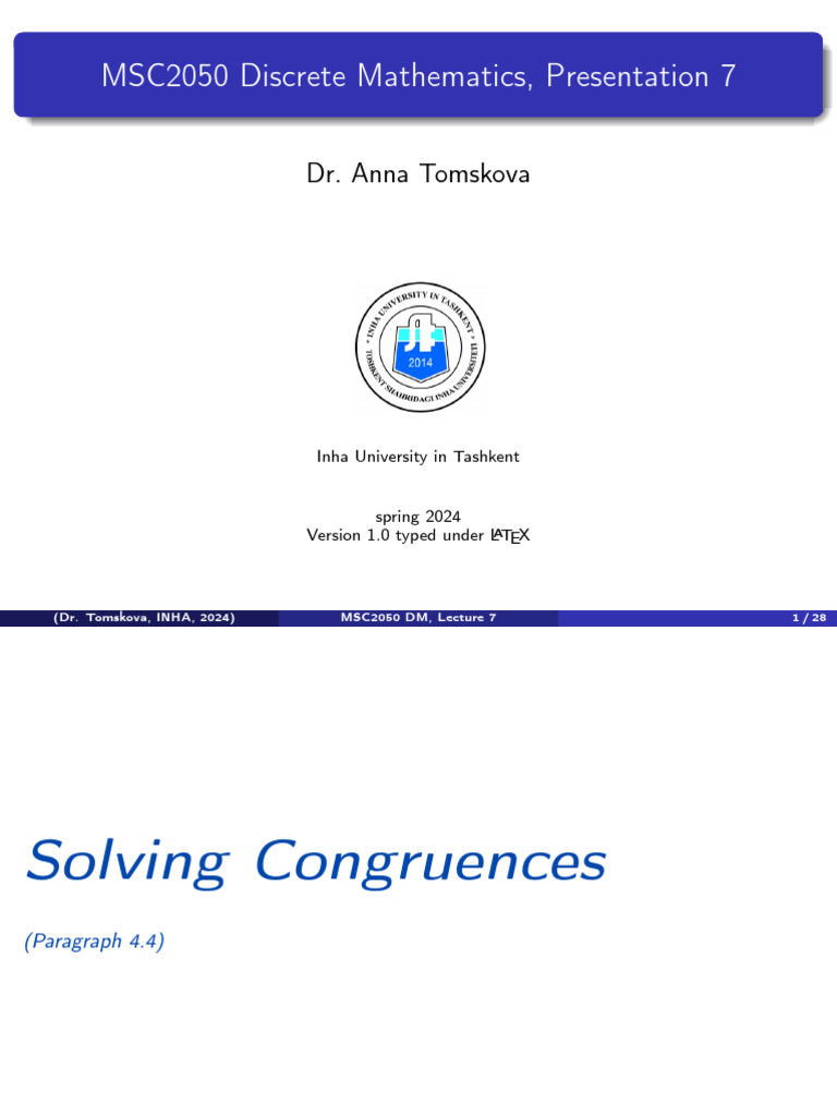 MSC2050 Discrete Mathematics, Presentation 7: Dr. Anna Tomskova | PDF | Number Theory | Mathematics