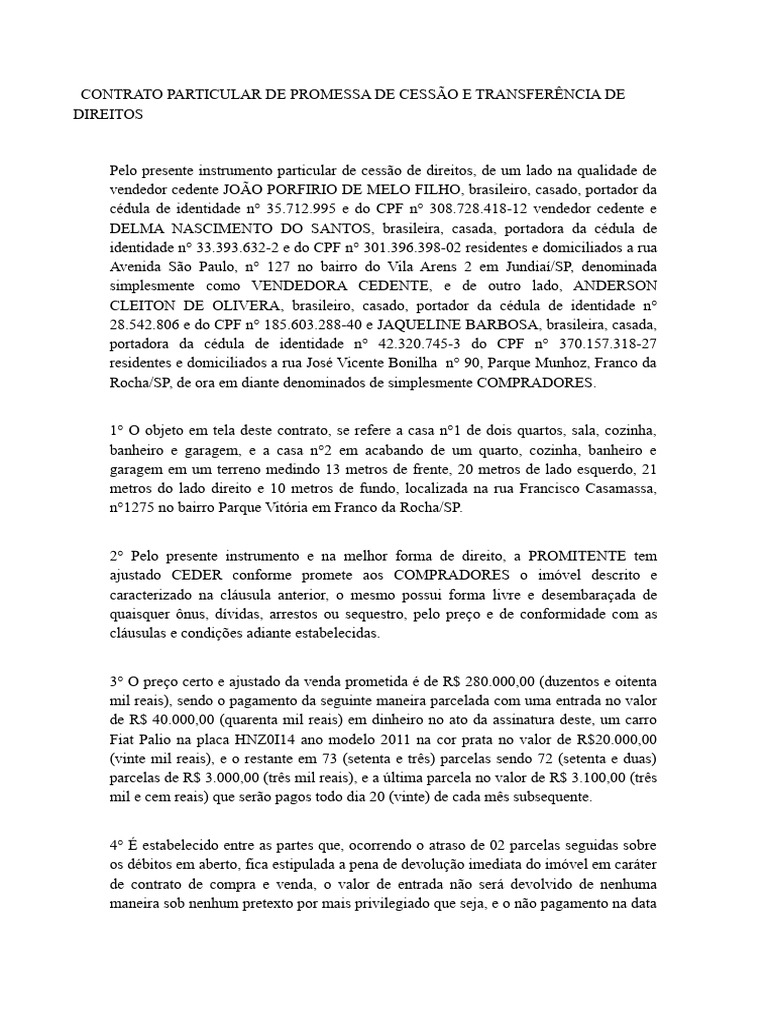 Contrato Particular De Promessa De Cessão E Transferência De Direitos