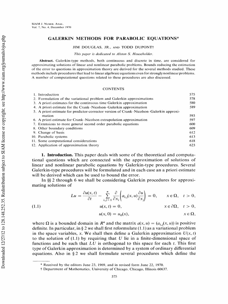 Parabolic: Galerkin Methods For Equations Dupont' | PDF | Nonlinear System | Equations