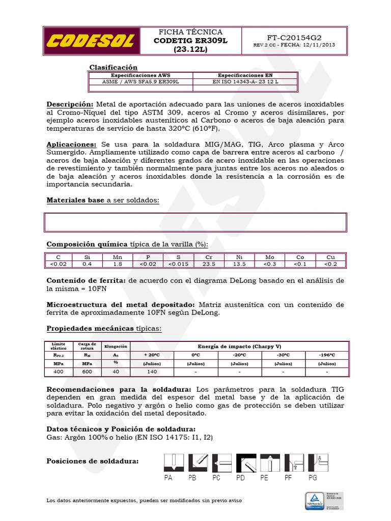 20154G26 Ficha Tecnica | PDF | Acero inoxidable | Aleación