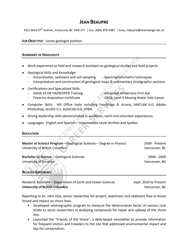 Junior Geologist Resume - Jean Beaupre | PDF | Geology | Earth Sciences