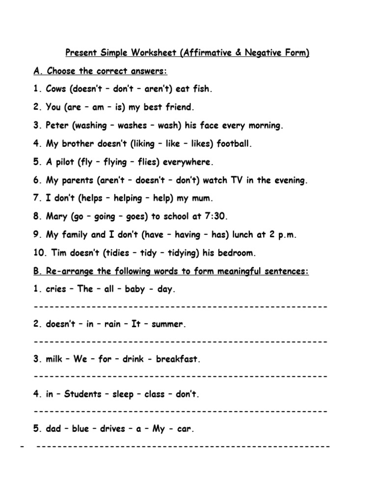 Present Simple Worksheet (Affirmative & Negative Form) | PDF