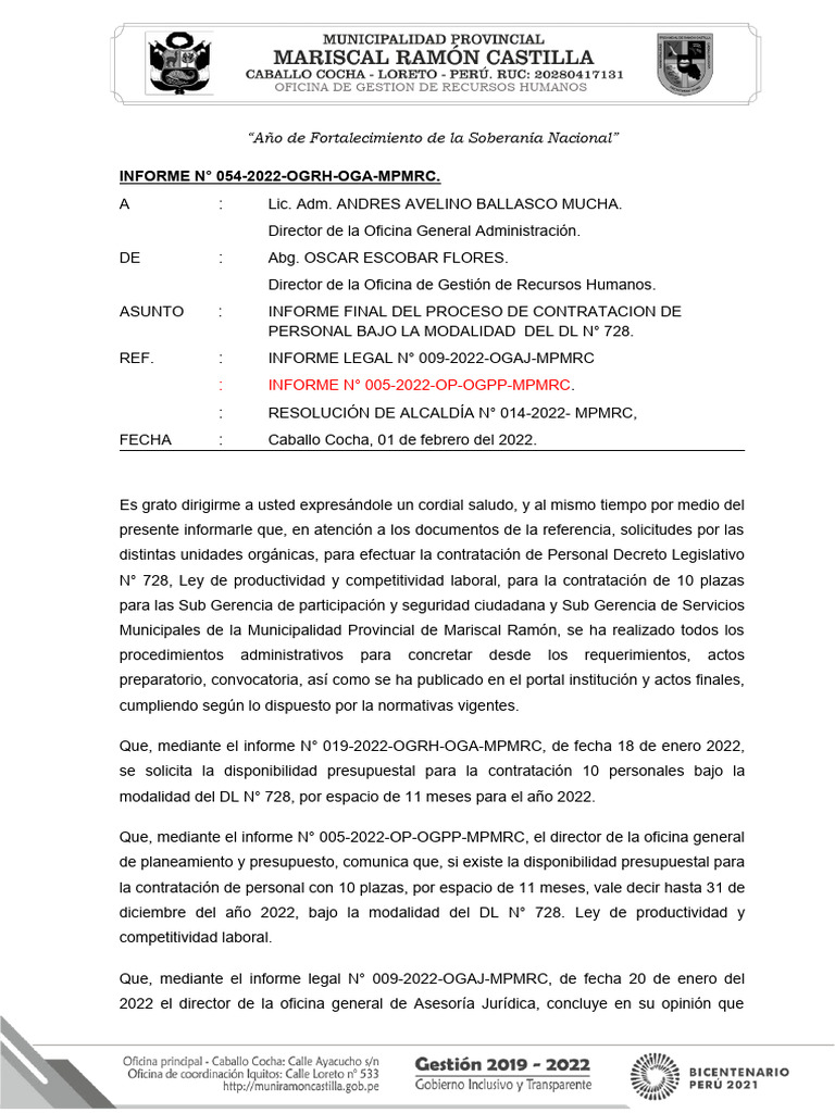 Informe #0054-Ogrh-2022 - Mpmrc. Proceso Final de Contratacion de Personal DL 728 Mef | PDF