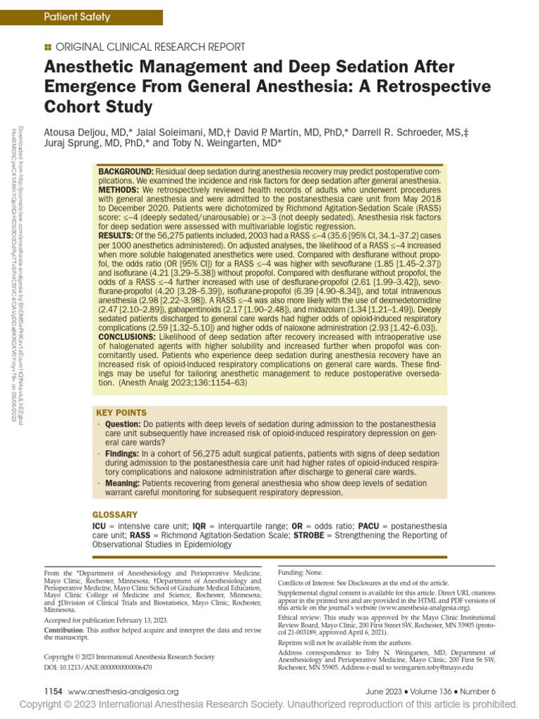 Anesthetic Management and Deep Sedation After Emergence From General ...