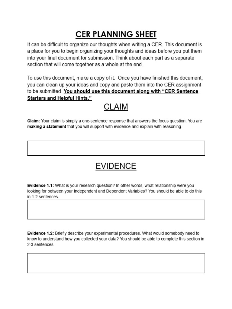 CER Planning Sheet MAKE A | PDF | Evidence | Thought