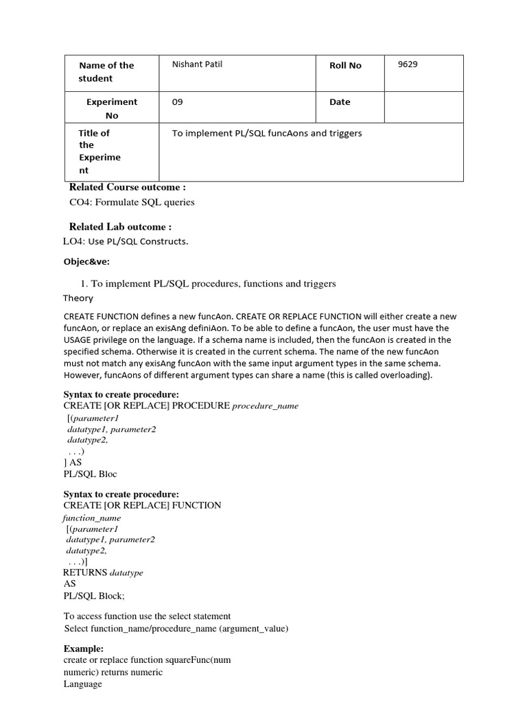 Dbms Exp9 | PDF | Pl/Sql | Sql