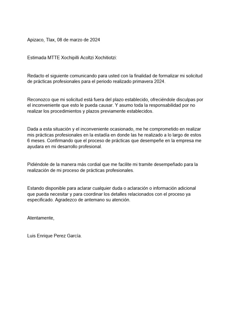 Carta Solicitud Practicas Profesionales | PDF