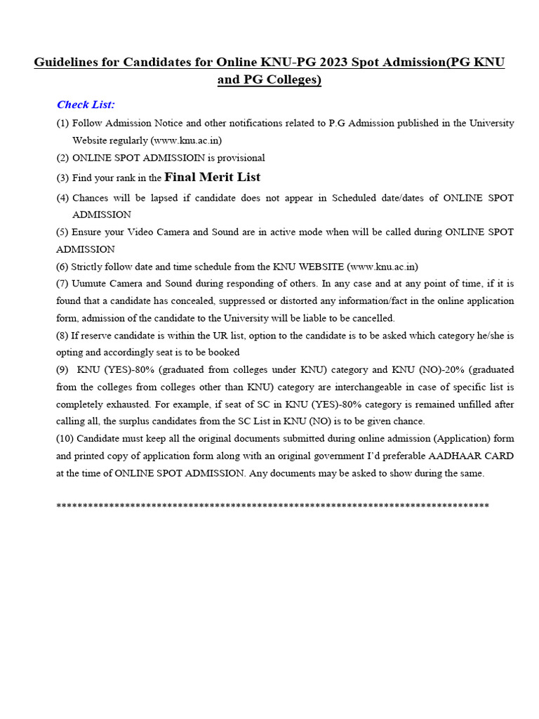 KNU-PG 2023 Spot Admission Guide | PDF