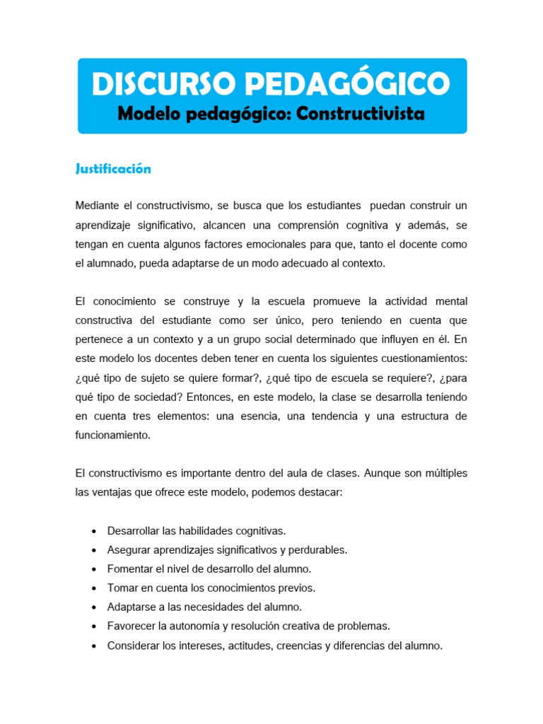 Discurso Pedagógico | PDF | Constructivismo (filosofía de la educación) | Aprendizaje