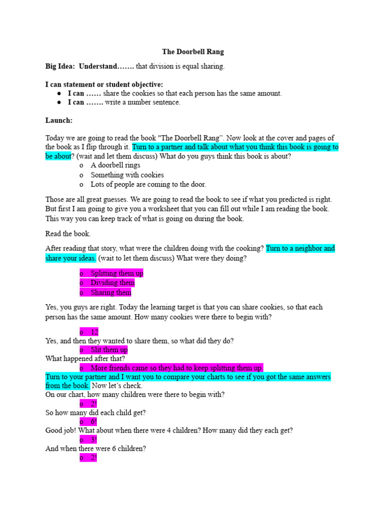 The Doorbell Rang - Lesson Plan | PDF | Human Communication | Behavior ...