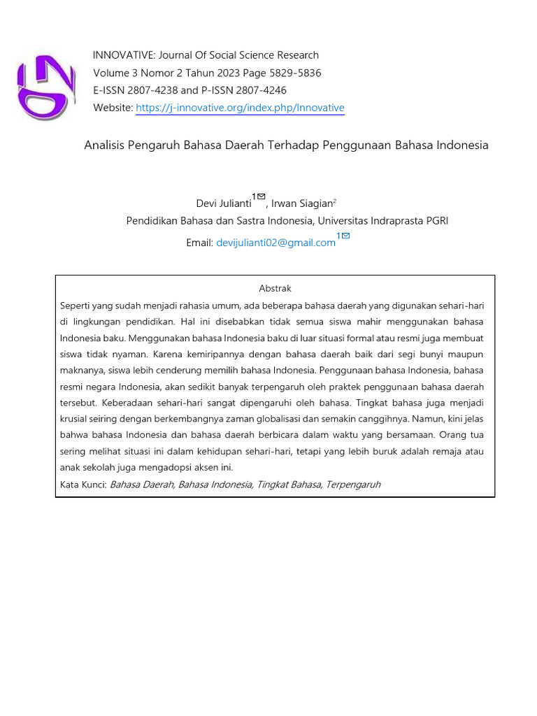 Analisis Pengaruh Bahasa Daerah Terhadap Penggunaan Bahasa Indonesia | PDF