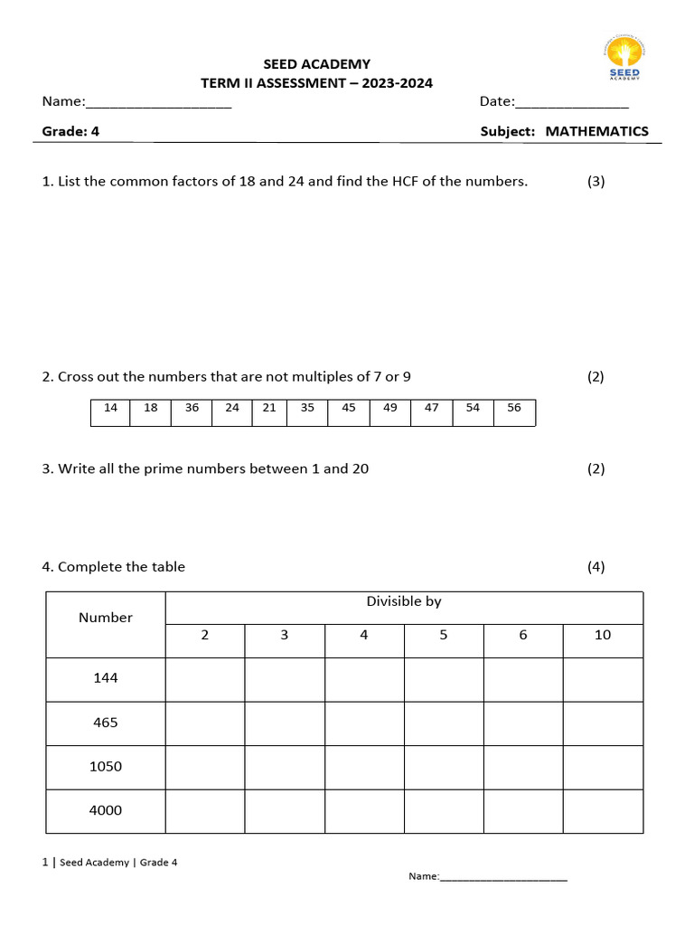 Grade 4 - Math - Term2 - Assessment - v2 | PDF | Numbers | Elementary Mathematics