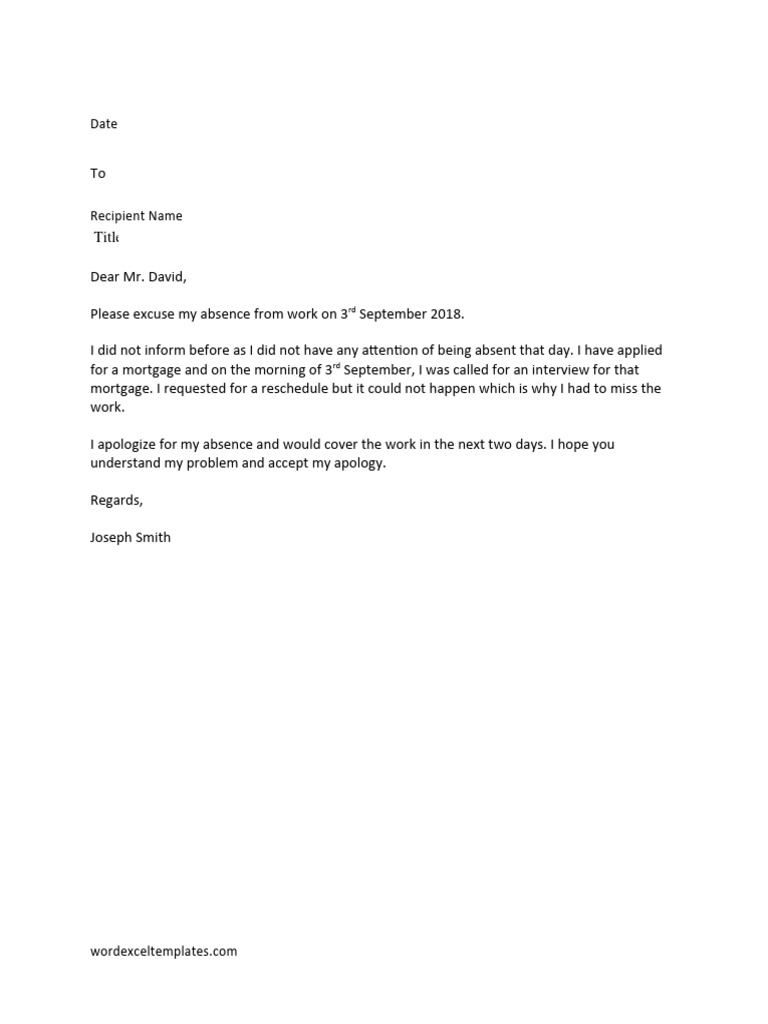 Excuse Letter For Being Absent From Work Due To Important Matter | PDF