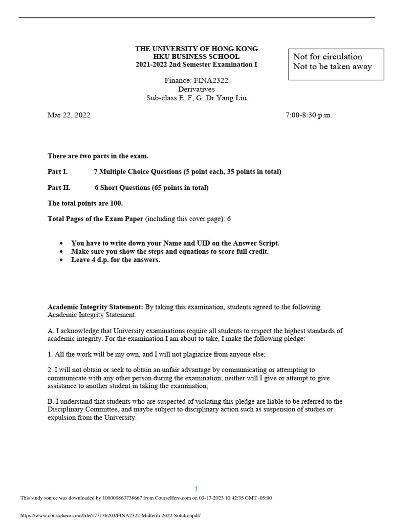 FINA2322 Midterm 2022 Solution PDF | PDF | Futures Contract | Option (Finance)