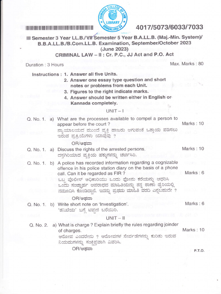 7th Sem Criminal Law-II Oct 2023 | PDF | Law Enforcement | Crime & Violence