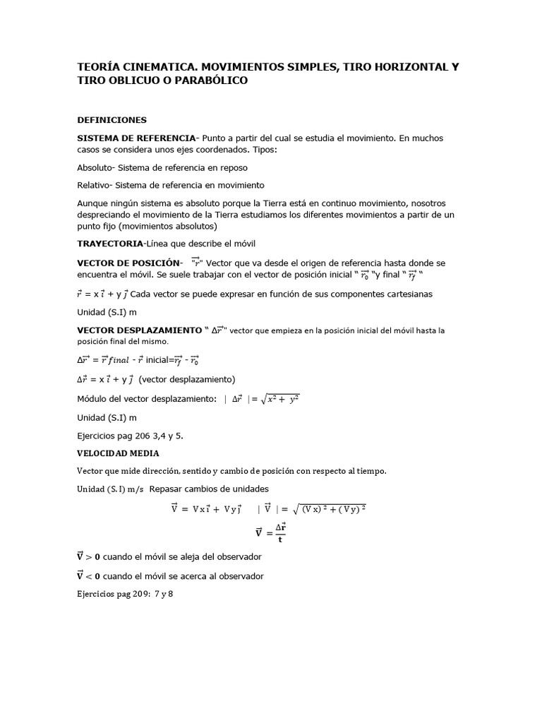 Teoría Cinemática. Mov Simples, Horizontal y Oblicuo (Drive) | PDF | Vector Euclidiano | Cinemática