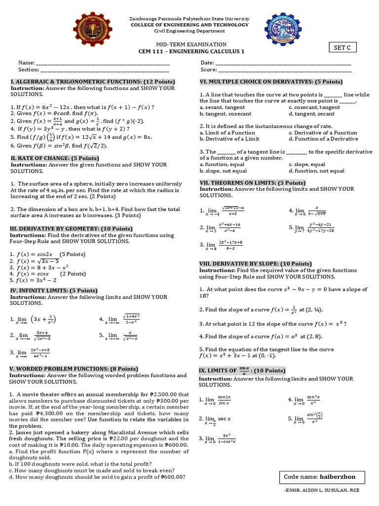 Midterm Exam - Set C | PDF | Trigonometric Functions | Derivative