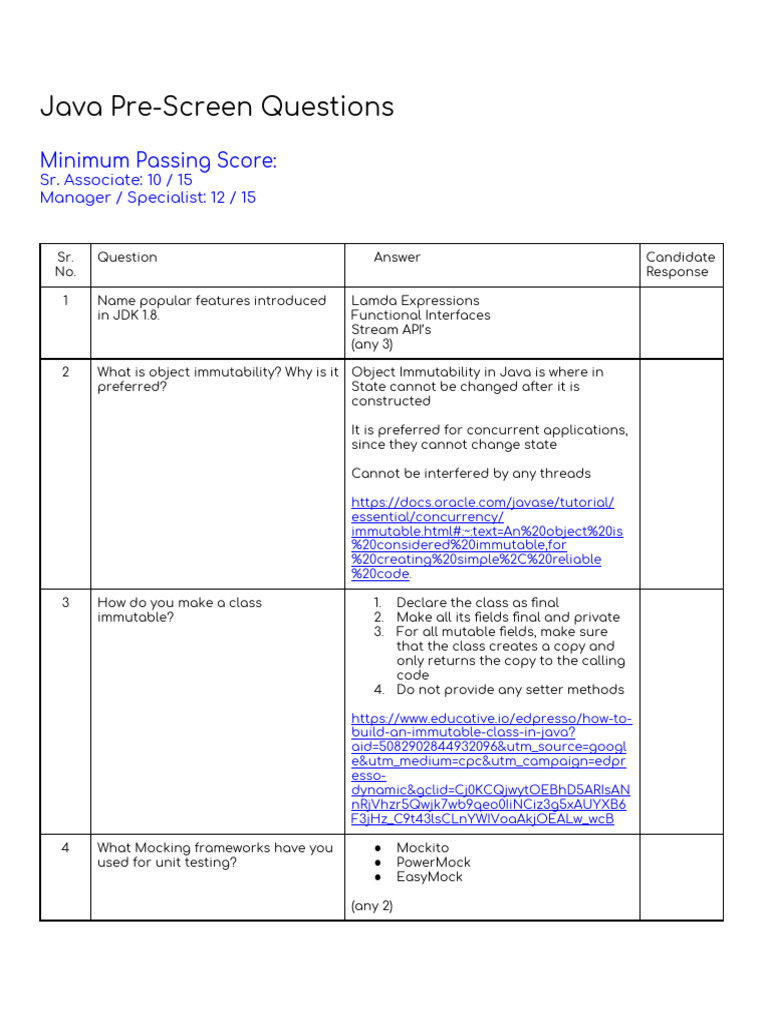 Java Pre-Screen Questions - Blank | PDF | Java (Programming Language ...